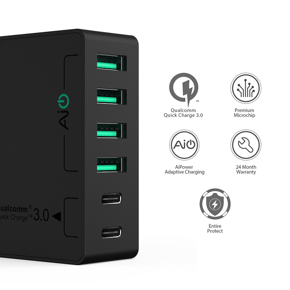 Aukey PA-Y6 (60W) 6-Port USB Type-C Charger / Quick Charge 3.0